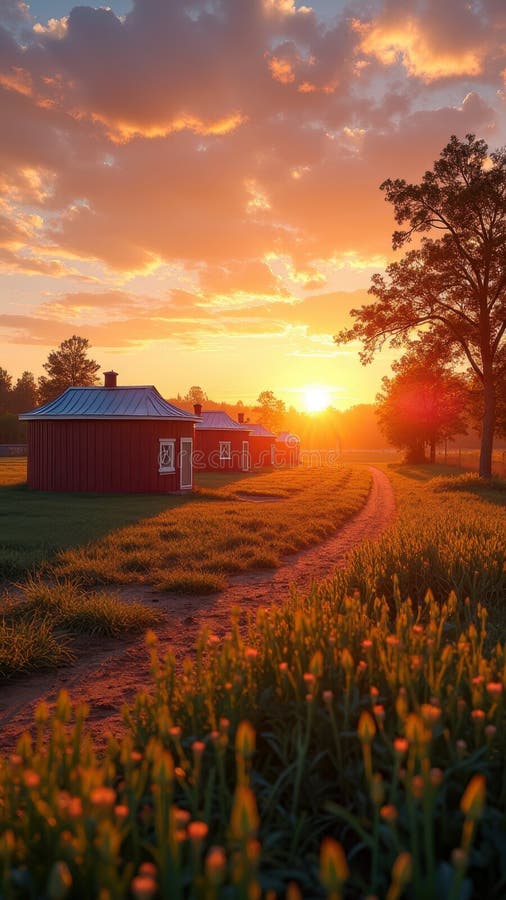 Idyllic Rural Sunset Scene with Red Barns and Vibrant Field Landscape ...