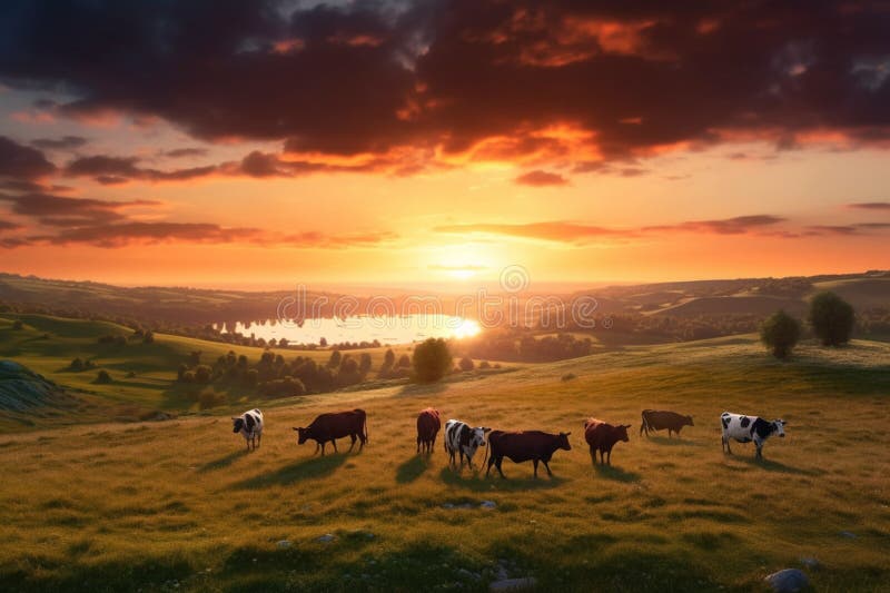 Idyllic Scene, Cows Dot the Landscape Amidst a Captivating Sunset Stock ...