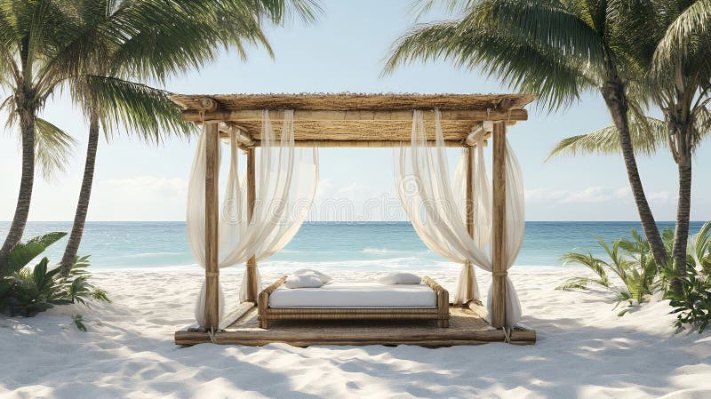 A Tranquil Beach Cabana Set on White Sands, Surrounded by Gently ...