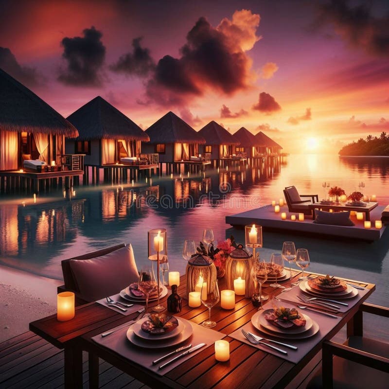 An Idyllic Scene of Overwater Bungalows at Sunset, with a Romantic ...