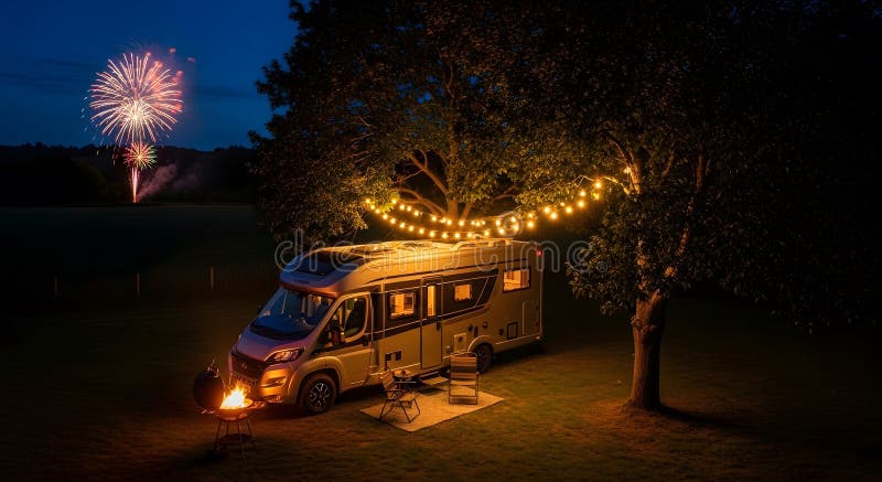 Cozy RV Camping Under String Lights with Fireworks in the Distance at ...