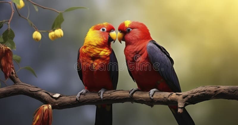 The Idyllic Scene of Two Parrots Together on a Branch Stock ...