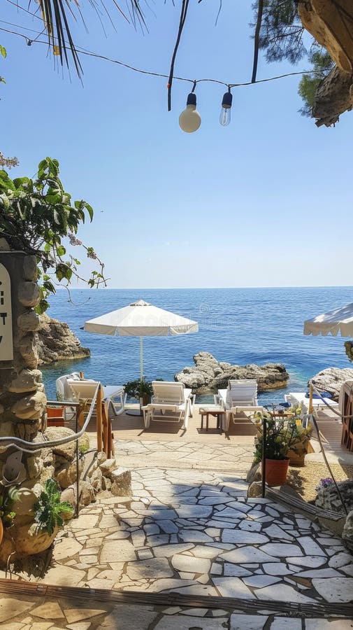 Idyllic Seaside Cafe Experience with Serene Ocean View and Blue Sky ...
