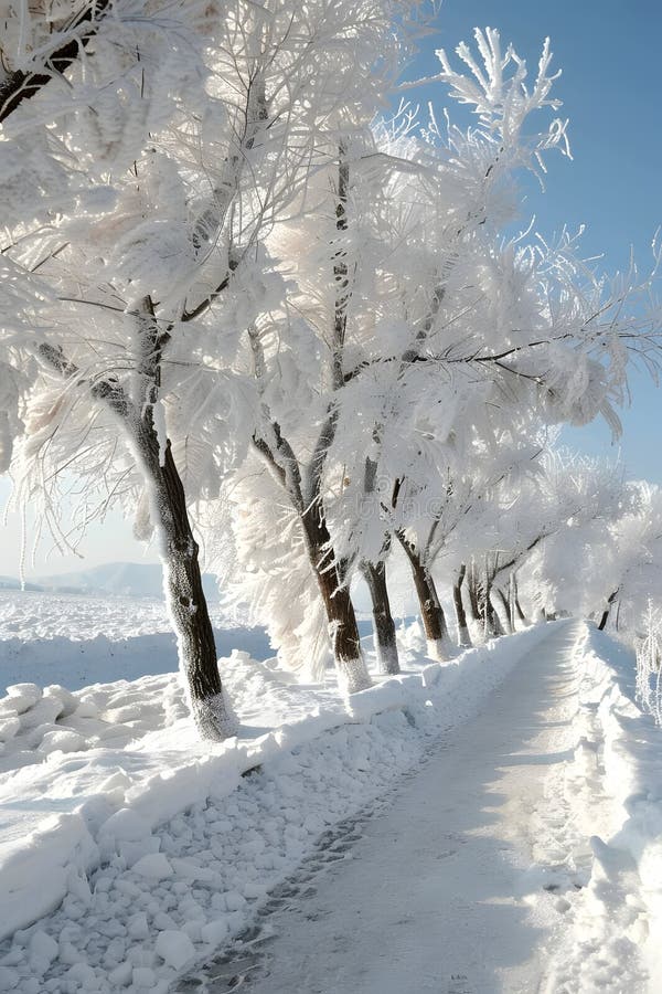 Snow-covered Trees Lining a Winter Pathway Under a Clear Blue Sky Stock ...