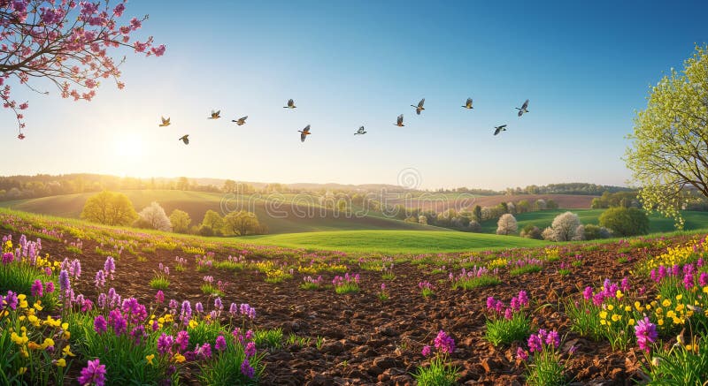 Idyllic Spring Landscape with Blooming Flowers and Birds in Flight at ...