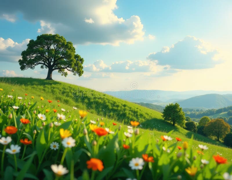 Idyllic Spring Landscape Lone Tree on Rolling Hills with Wildflowers ...