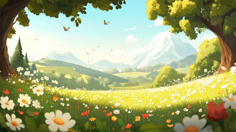 Idyllic Spring Meadow Landscape with Mountain View Stock Illustration ...