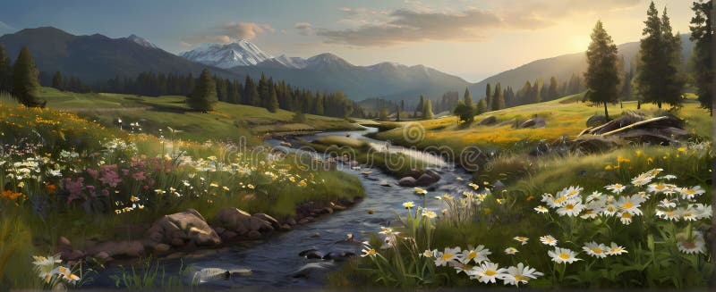 Idyllic Spring Panorama with a Winding Stream. Stock Illustration ...