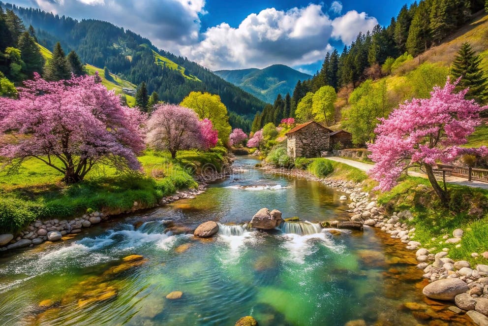Idyllic Spring River Scene with Blossoming Trees and Mountains Stock ...