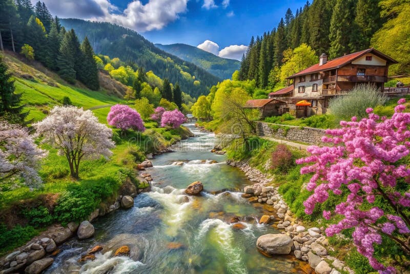 Idyllic Spring Scene River Flowing through Lush Green Valley with ...