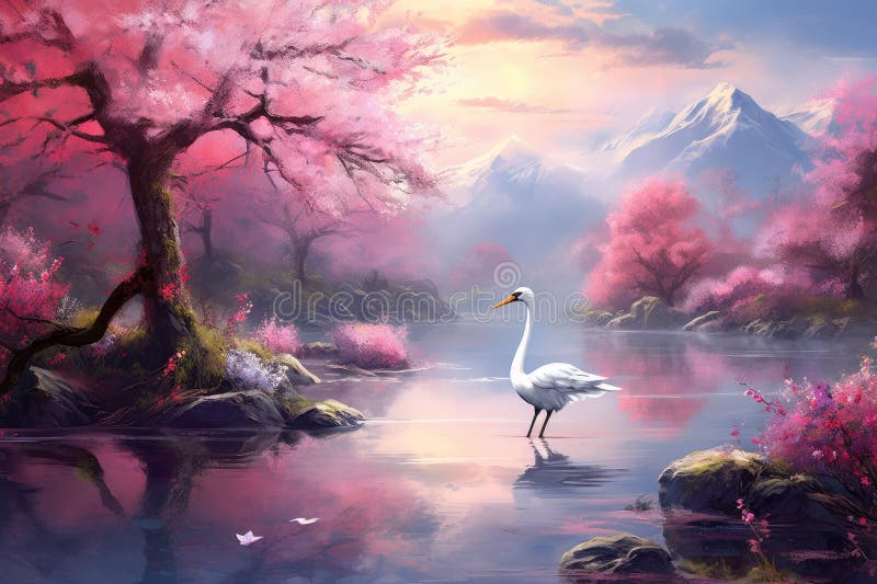 Idyllic Spring Scenery Crane. Generate Ai Stock Illustration ...