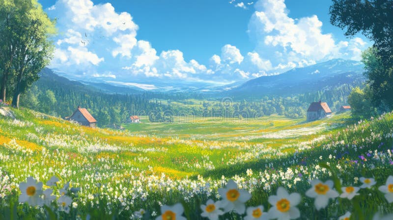 Idyllic Spring Valley Houses and Blooming Flowers Stock Illustration ...