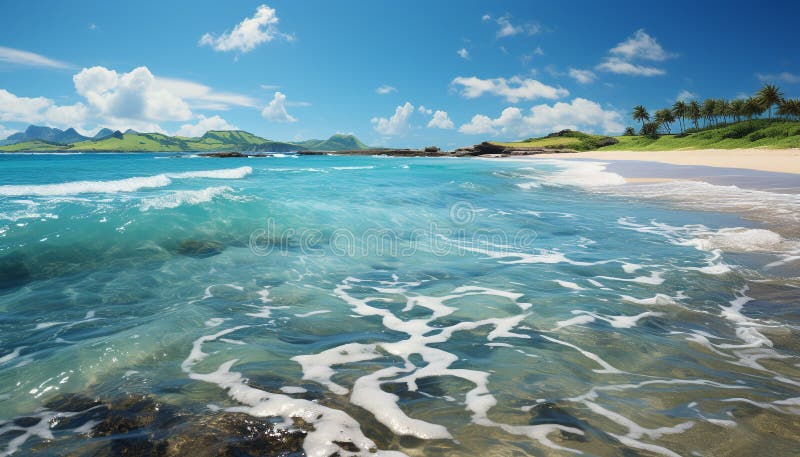 Idyllic Summer Coastline Blue Wave, Sandy Beach, Tranquil Waters ...