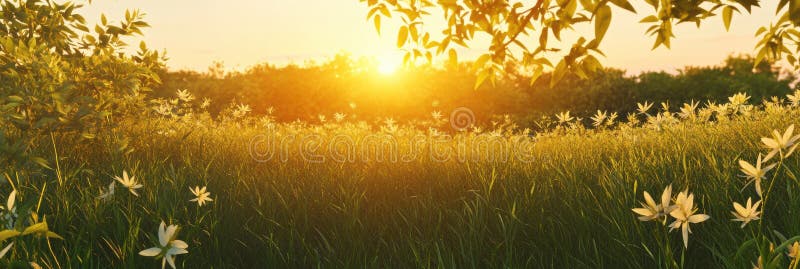 Idyllic Summer Sunset Over Meadow with Wildflowers and Greenery in ...