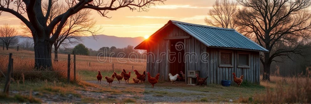 Idyllic Sunrise at Countryside Chicken Coop with Roaming Hens in Rustic ...