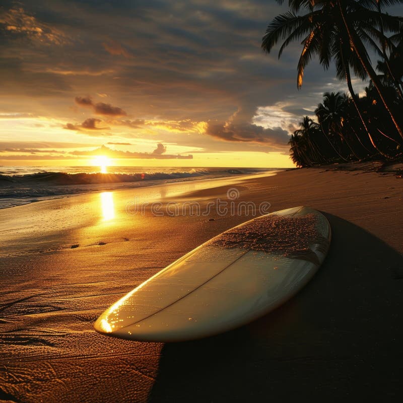 Idyllic Sunrise Scene with a Surfboard and Lush Palm Trees on the Beach ...