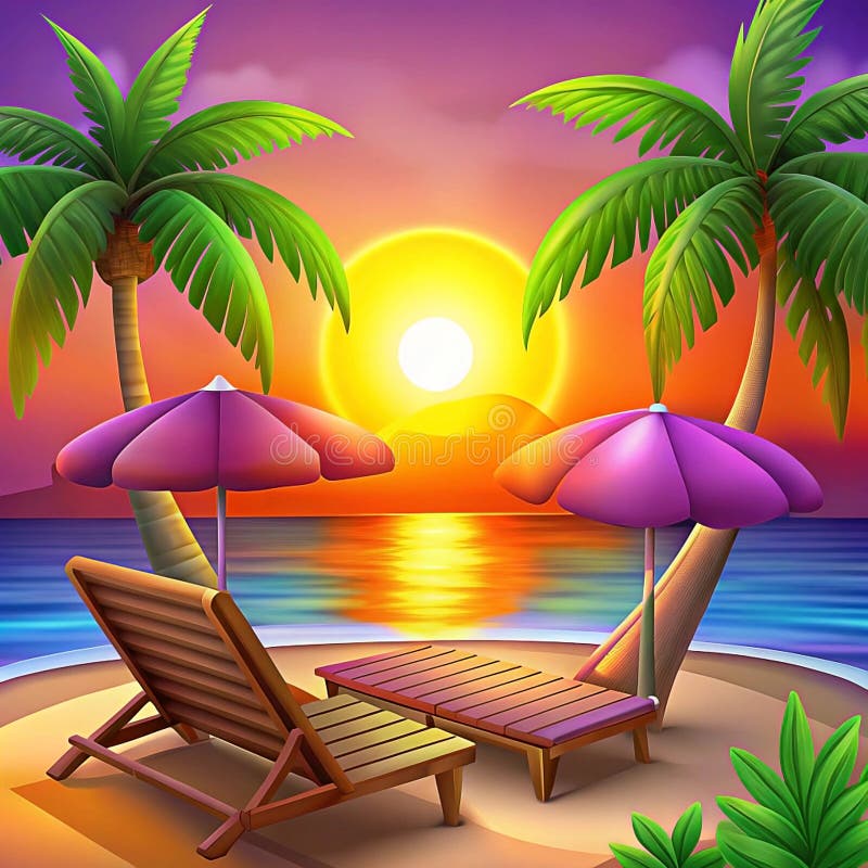 Idyllic Sunset Beach Scene with Lounge Chairs and Umbrellas Stock Image ...