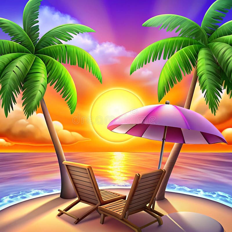Idyllic Sunset Beach Scene with Two Lounge Chairs and Umbrella Stock ...