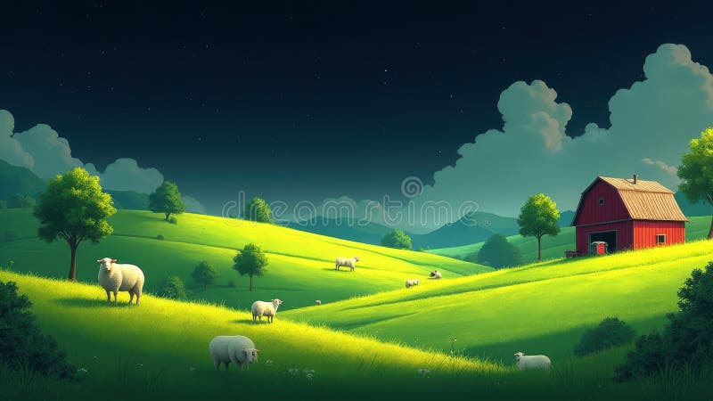Idyllic Sunset Over Rolling Green Hills with Sheep and Red Barn Stock ...