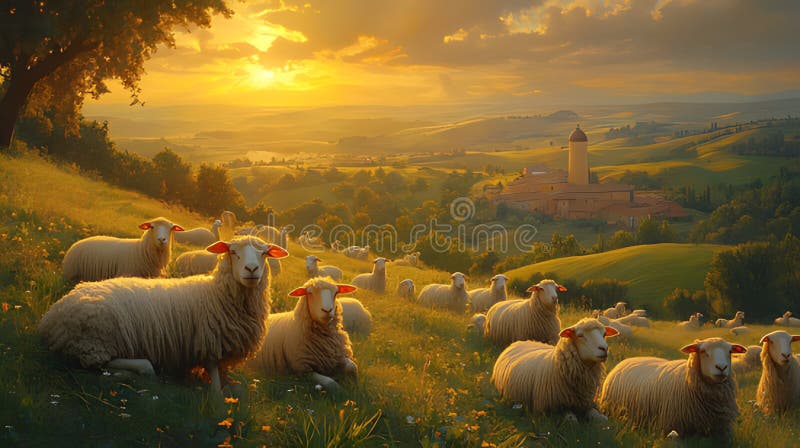 Idyllic Sunset Over Rolling Hills with Flock of Sheep Grazing ...