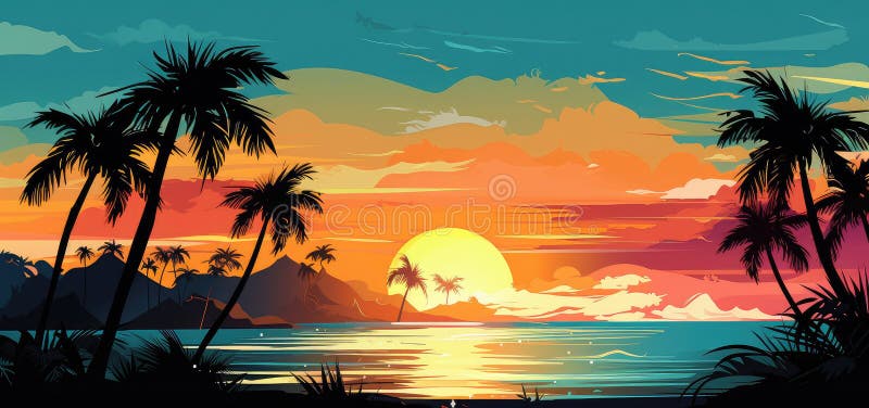 Idyllic Sunset Paradise: Silhouetted Palm Trees and Calm Ocean ...