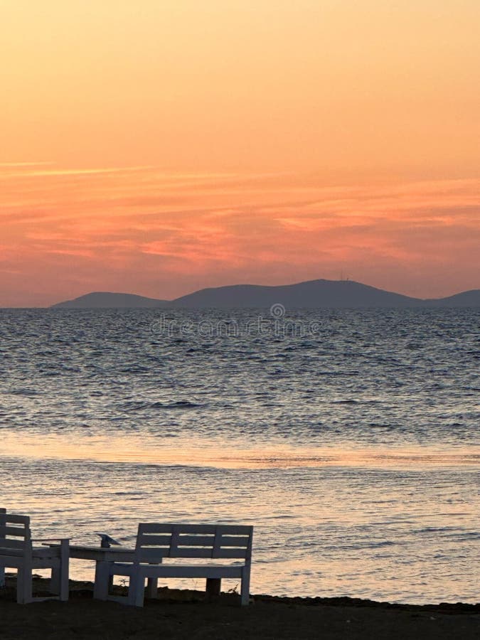 A Vertical Shot of Benches on a Tranquil Sunset Beach Stock Photo ...