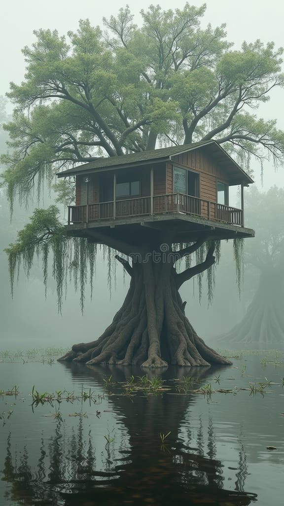 Idyllic Treehouse on Majestic Swamp Tree in Misty Forest Setting with ...