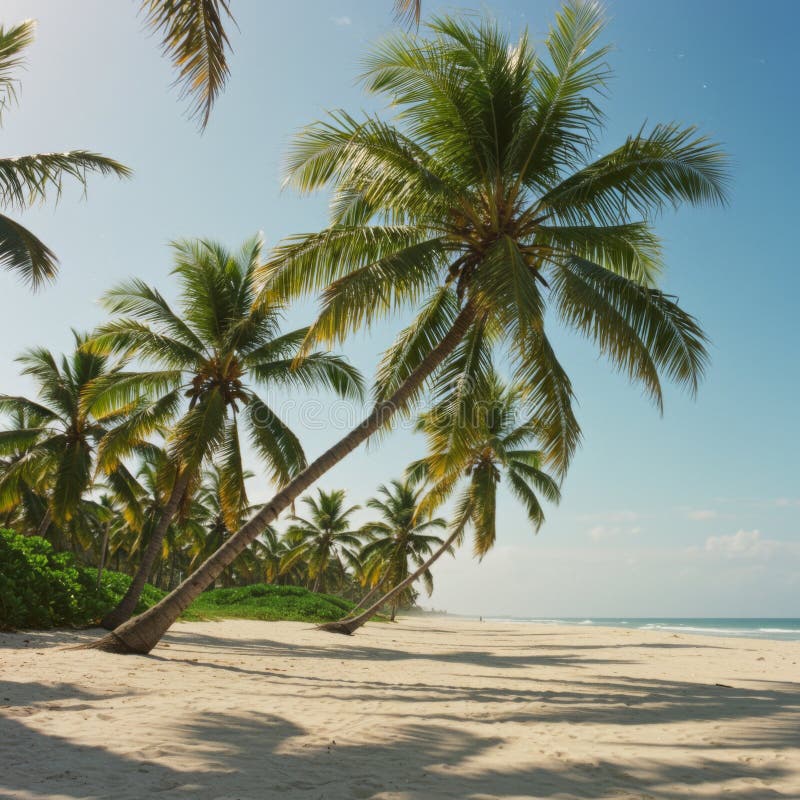 Idyllic Tropical Beach Scene with Leaning Palm Trees Stock Illustration ...