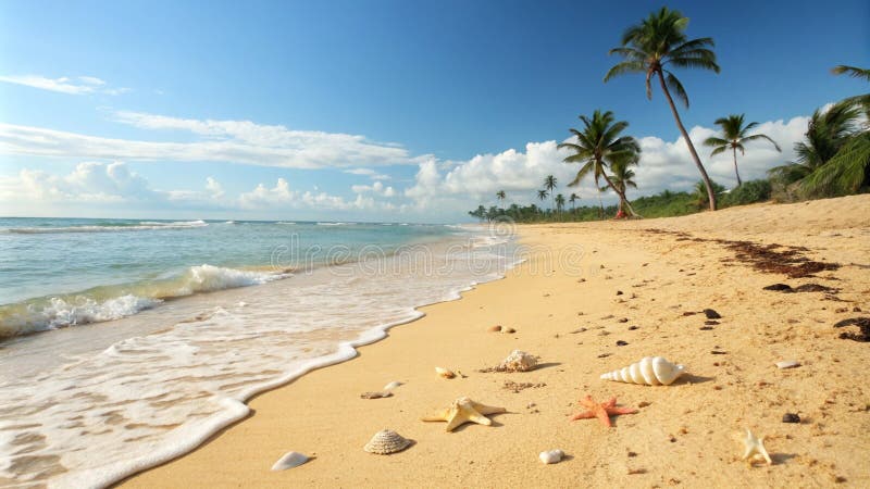 Idyllic Tropical Beach with Shells and Palm Trees Stock Illustration ...