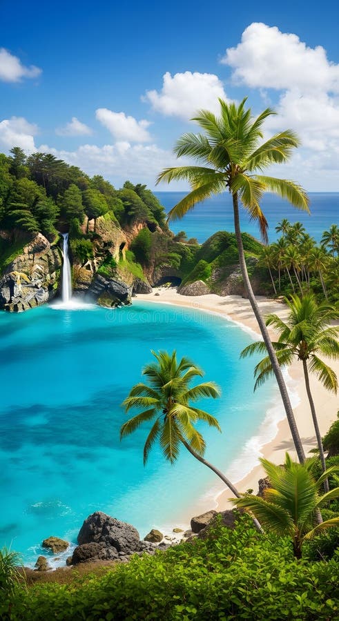 Idyllic Tropical Cove with Palm Trees, Waterfall, and Turquoise Ocean ...