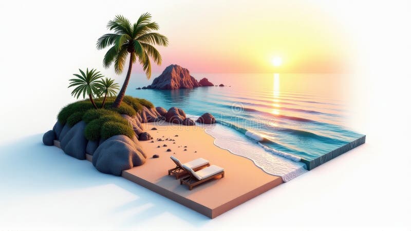Idyllic Tropical Island Sunset Beach Scene - 3D Render Stock ...