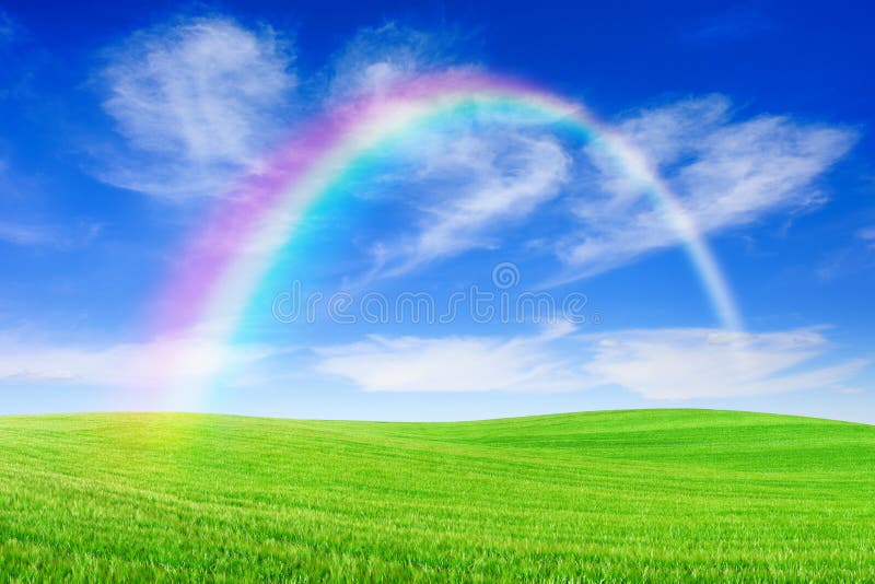 Idyllic View, Rainbow Over Green Field Stock Photo - Image of idyllic ...