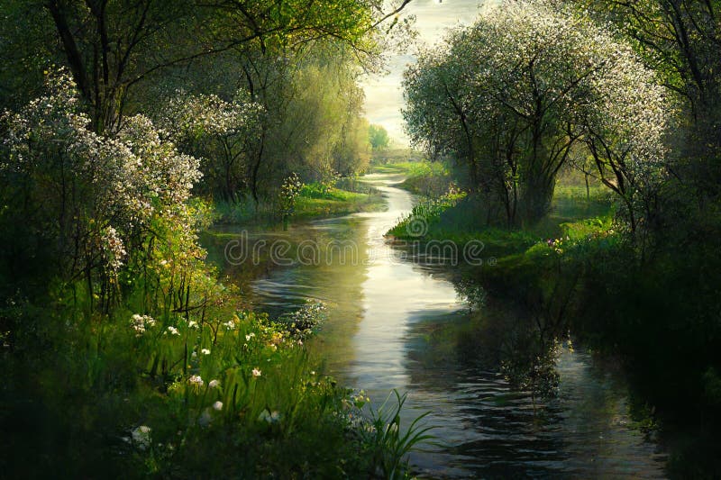 An Idyllic Wild Waterway in Spring Time Stock Illustration ...