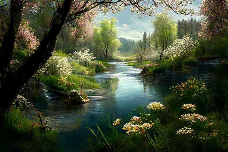 An Idyllic Wild Waterway in Spring Time Stock Illustration ...