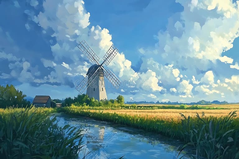 Idyllic Windmill Scene by a Canal Under a Sunny Sky Stock Illustration ...