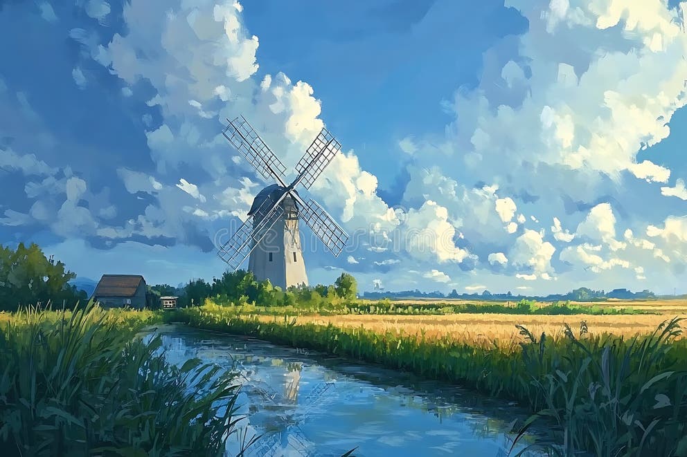 Idyllic Windmill Scene by a Canal Under a Sunny Sky Stock Illustration ...