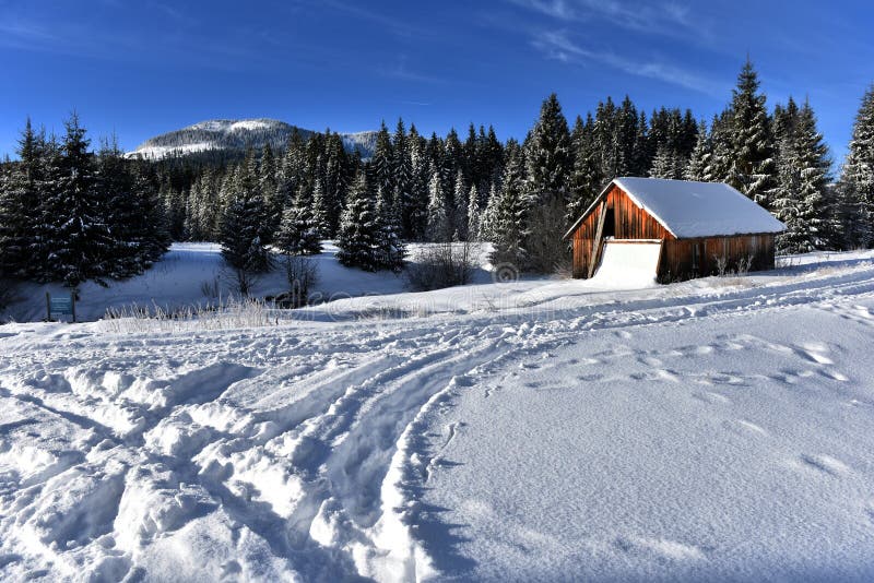 Idyllic Winter Mountain Landscape Stock Photo - Image of road, house ...