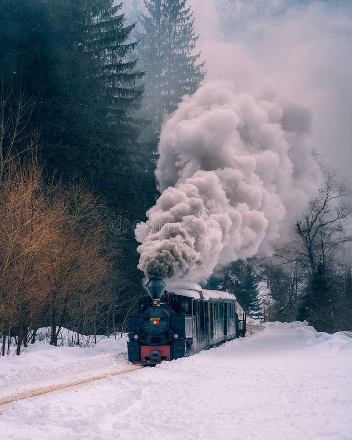 A Train that is Going Down Some Tracks in the Snow Stock Image - Image ...