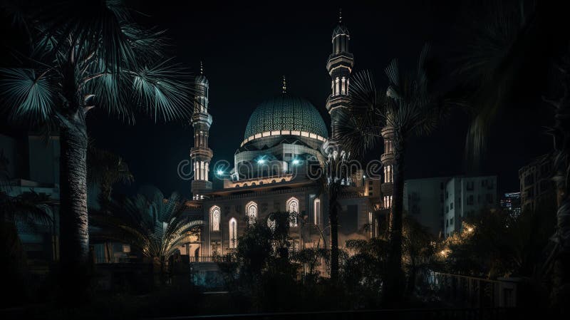 Iftar Ambiance. a Mosque Illuminated in the Nighttime during Ramadan ...
