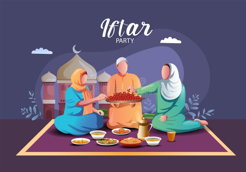 Iftar Party Greetings Group of Family with Arabic Background. Abstract ...