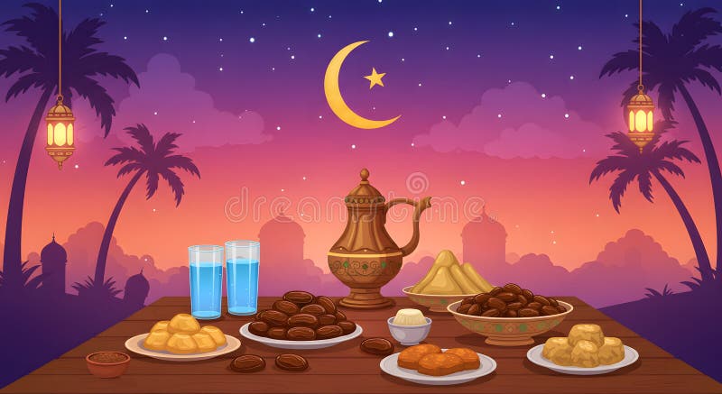 Traditional Iftar Meal Under Crescent Moon Ramadan Celebration Scene ...