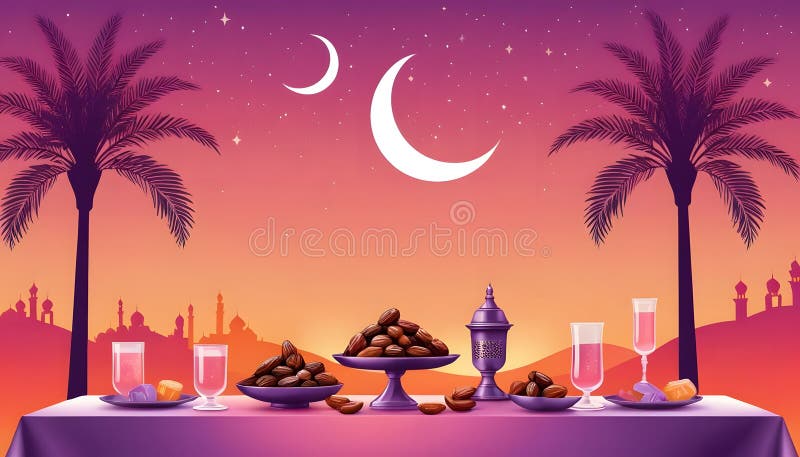 Iftar Table with Dates and Drinks Under Crescent Moon at Sunset Stock ...