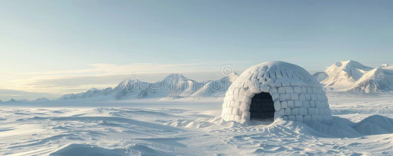 Igloo in Snowy Arctic Landscape with Distant Mountains during Winter ...