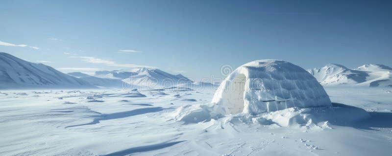 Igloo on Snowy Landscape with Mountains in the Background, Harsh Winter ...