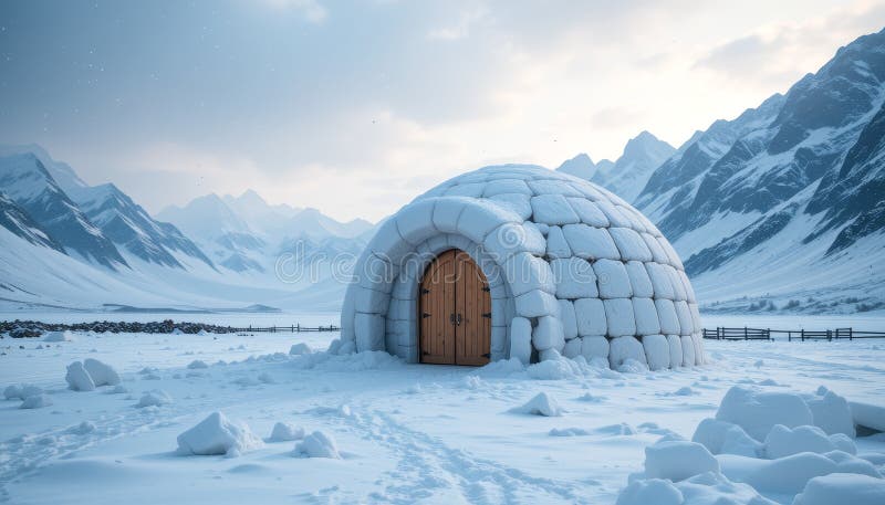 Igloo in a Snowy Landscape with Mountains in the Background Stock Image ...