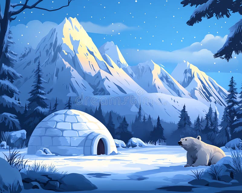 Igloo in a Snowy Landscape with Mountains and a Polar Bear Under a Starry Sky Stock Illustration ...