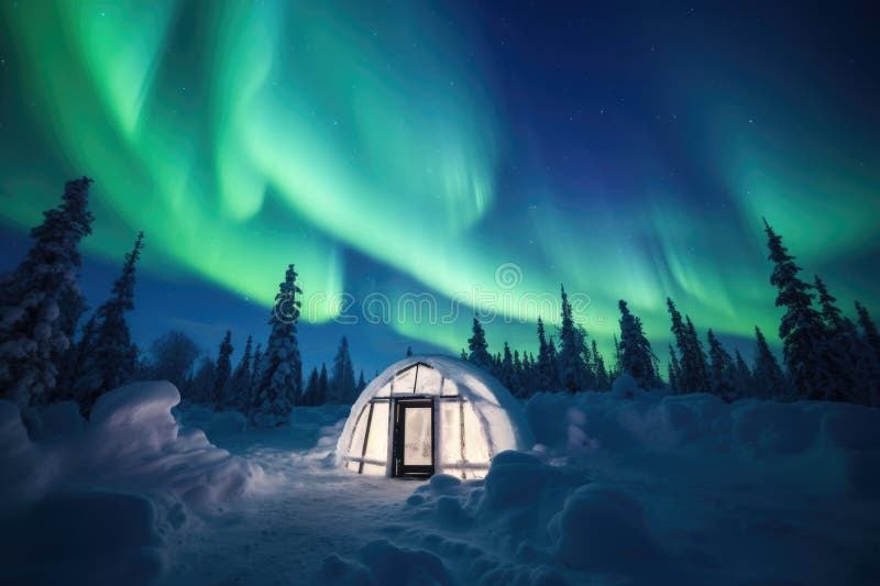 Igloo in a Snowy Landscape Under Northern Lights Stock Image - Image of ...
