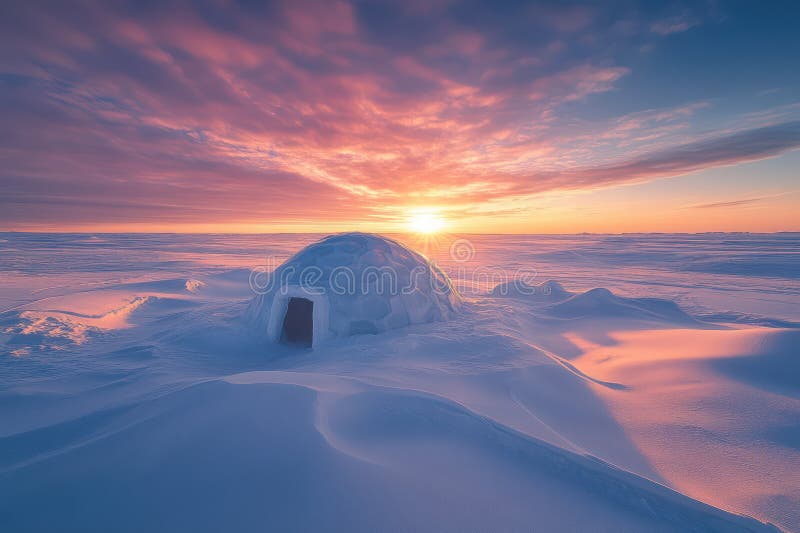 Glowing Igloo at Sunset in Vast Snowy Winter Landscape Stock Image ...
