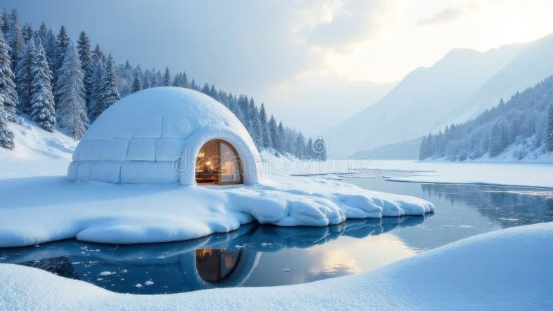 An Igloo Structure Standing by the Water Covered in Snow Stock Photo ...