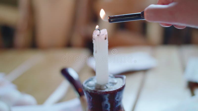 Ignition Candle with Lighter in Light Room Stock Video - Video of hands ...